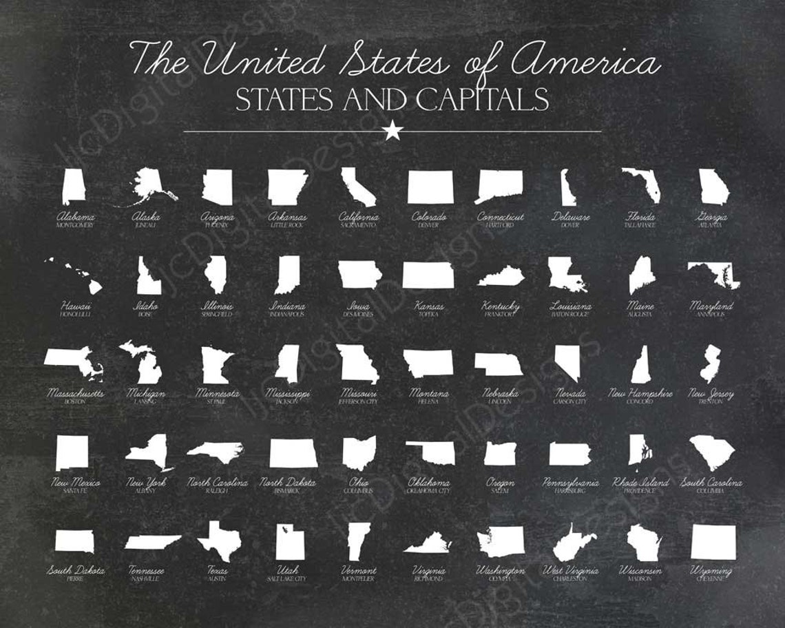 Vintage States and Capitals Classroom Poster Digital Chalkboard Word ...