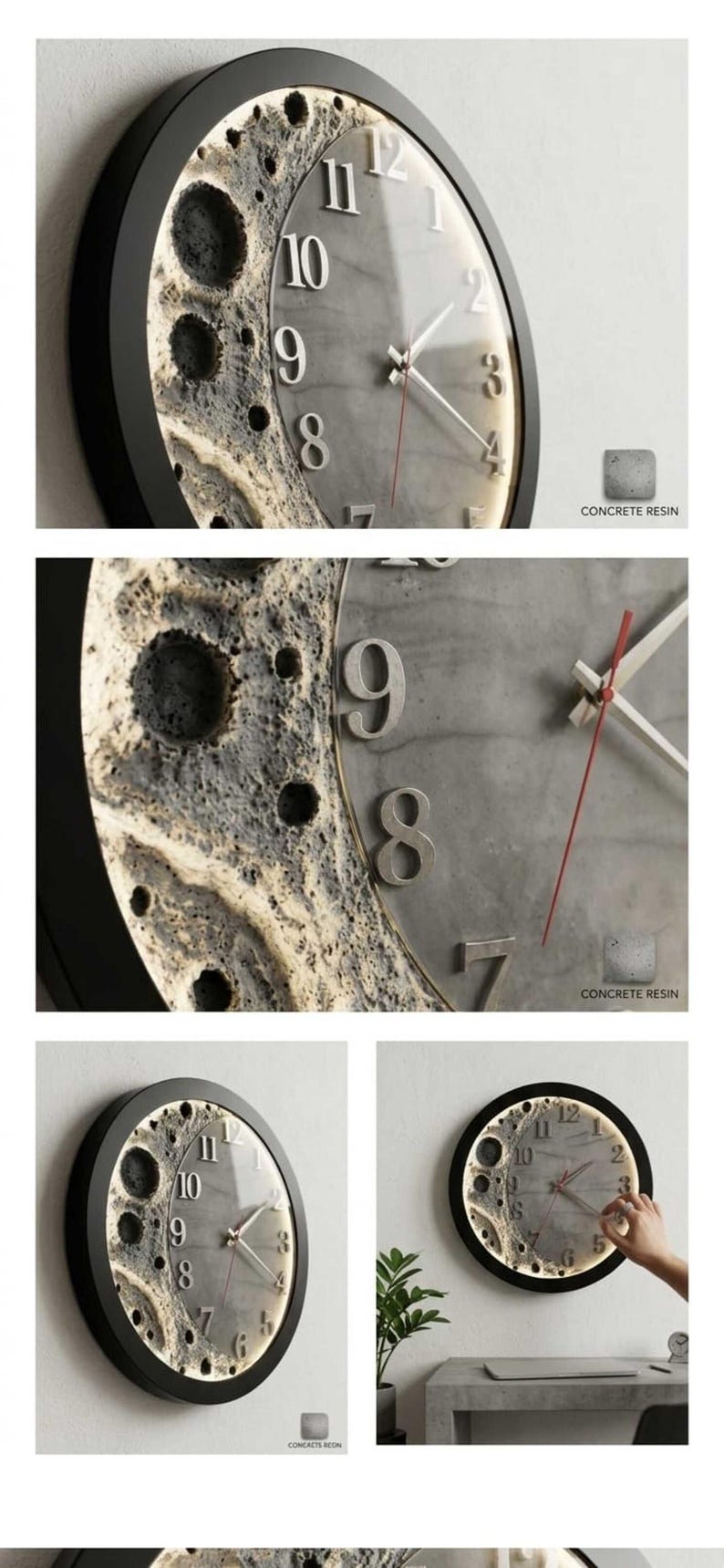 Handmade 3D Moon Clock With LED Backlight, Aesthetic Resin Epoxy Wall ...