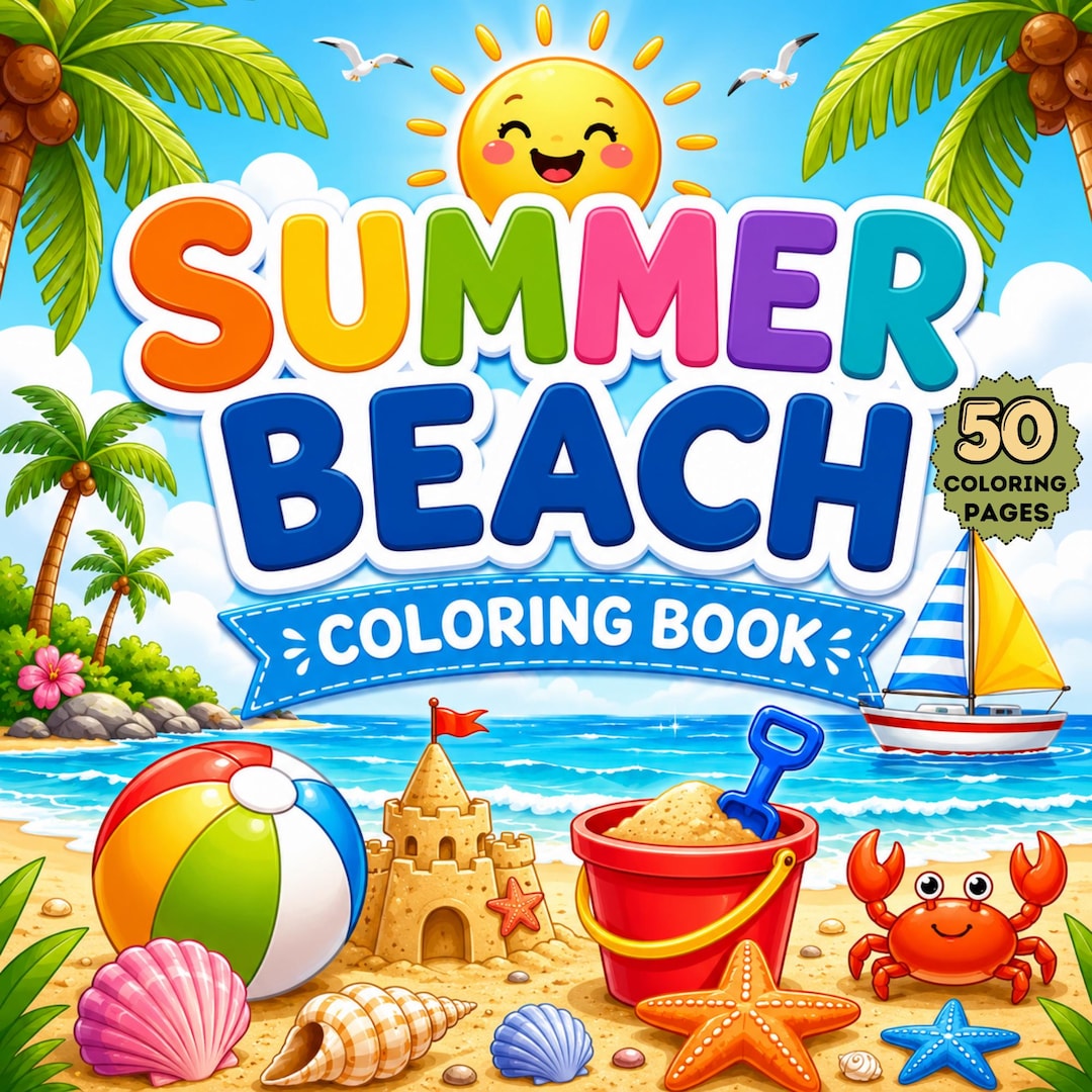 Summer Beach Coloring Book | Bold Outlines, Seaside Scenes (50 Pages ...