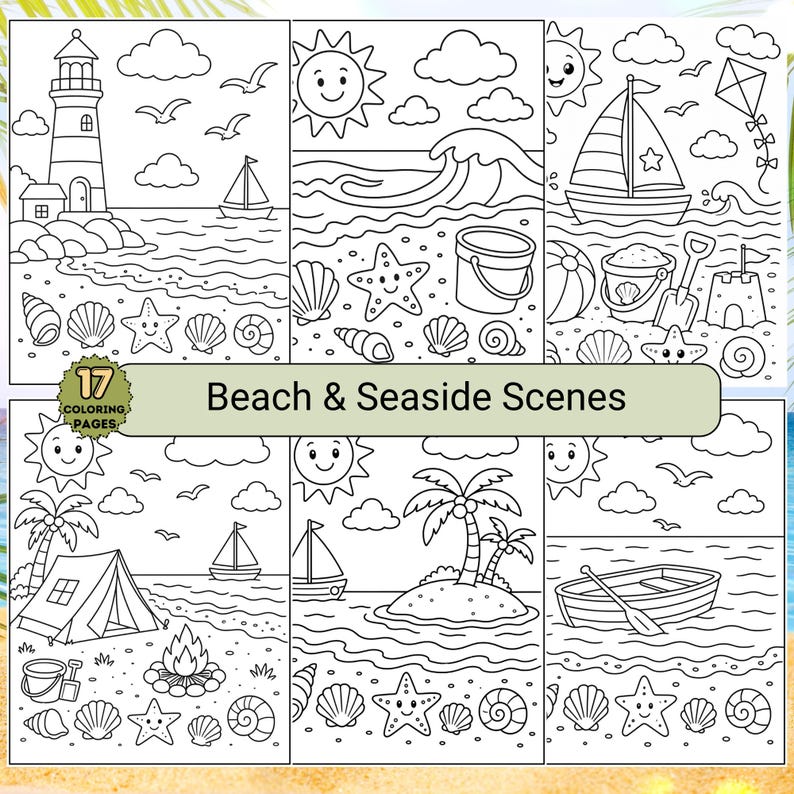 Summer Beach Coloring Book | Bold Outlines, Seaside Scenes (50 Pages ...