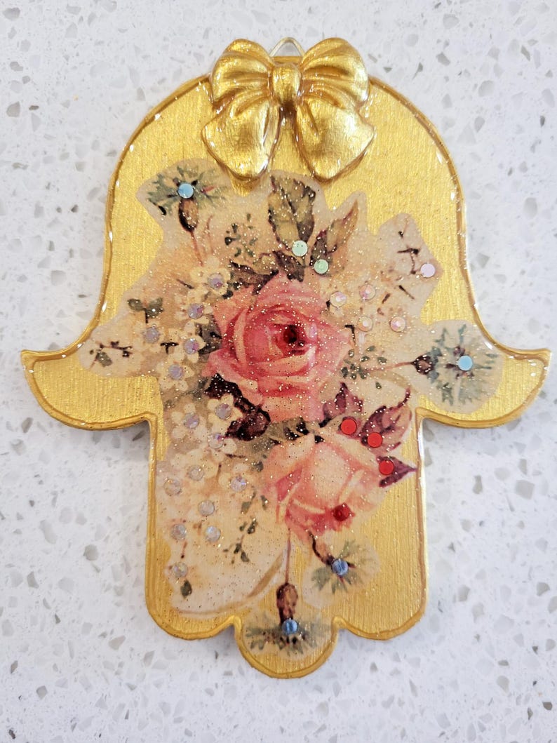 Golden Hamsa Wall Art, Peach Roses, Blue Carnations, Rhinestones, Eco ...