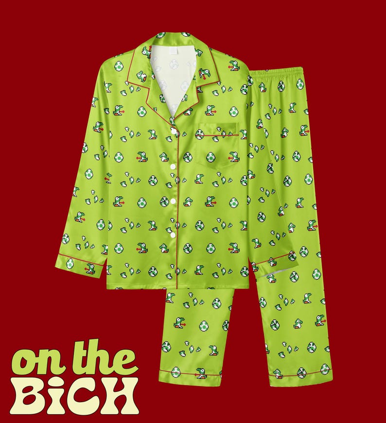 Yoshi Mario Satin Pajamas Set, Super Mario Pajamas Sleepwear, Mario ...
