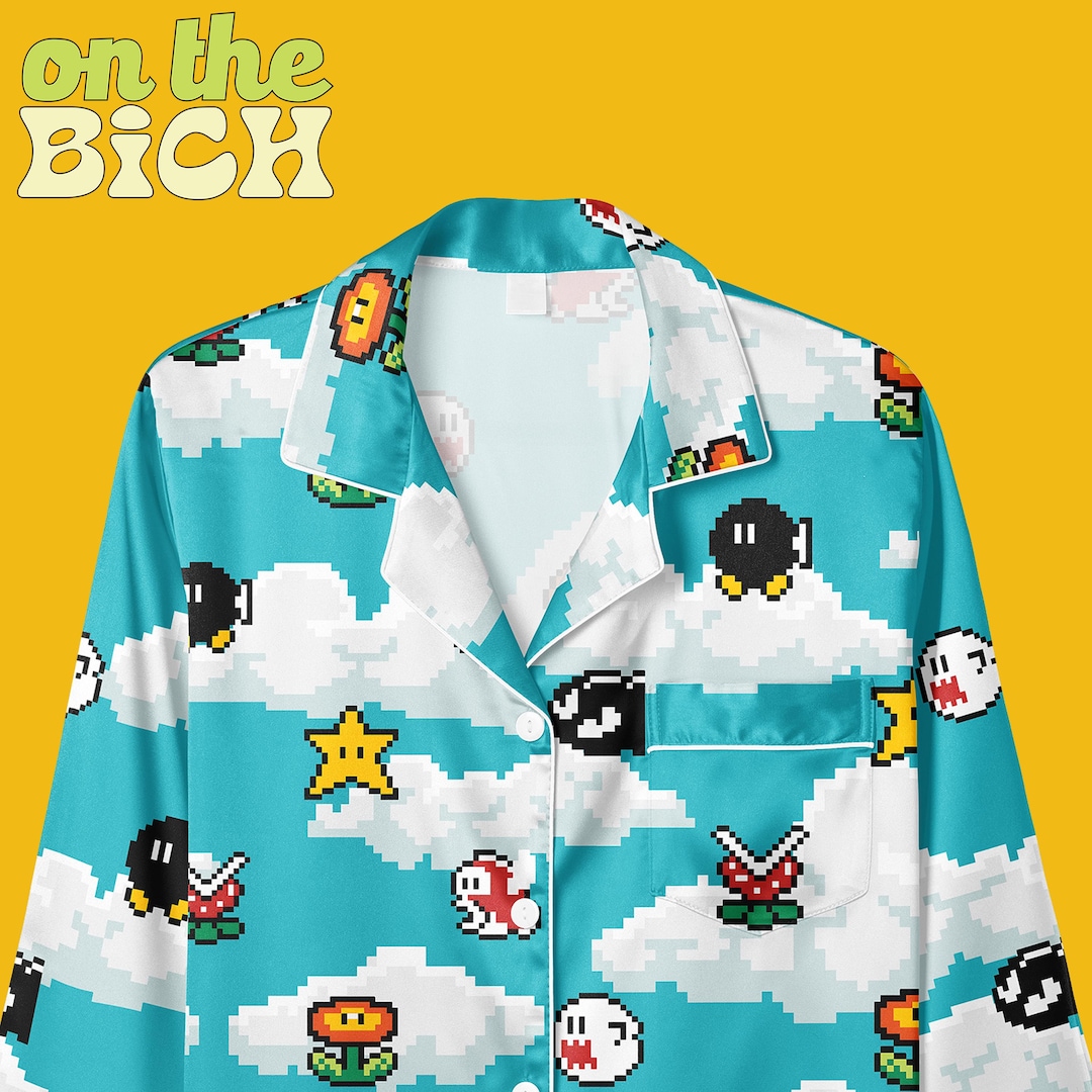 Super Mario 8-bit Pixel Satin Pajamas Set, Mario Kart Pajamas Sleepwear ...