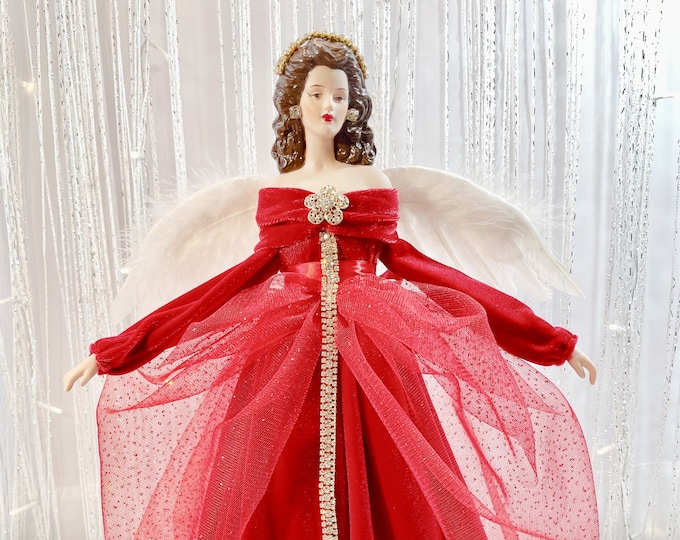 Red Velvet Brunette Christmas Angel Tree Topper, Red Holiday Angel Tree ...