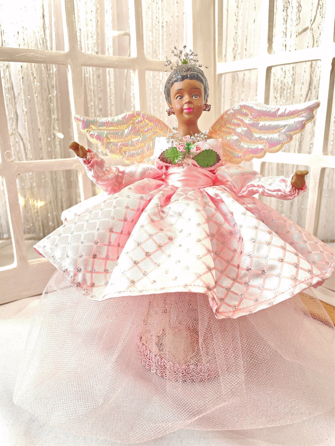 African American Miniature Angel Treetopper Dressed in Pink Gown ...