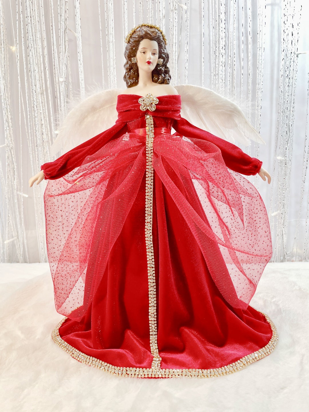 Red Velvet Brunette Christmas Angel Tree Topper, Red Holiday Angel Tree ...