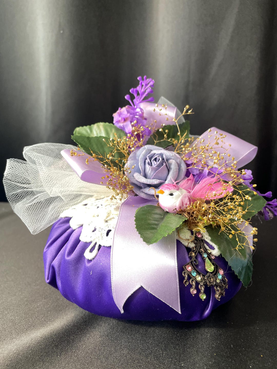 Floral Sachet in Purple: Gardenia Scented Satin Puff With Bird Home ...