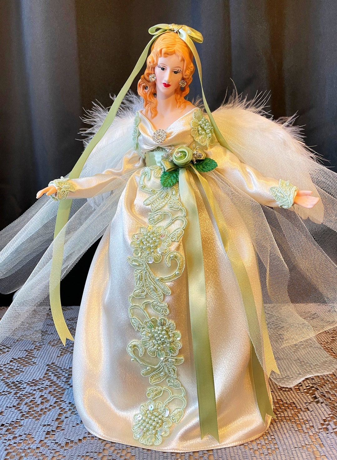 Handmade Angel Tree Topper: Pale Green and Champagne Gown Porcelain - Etsy