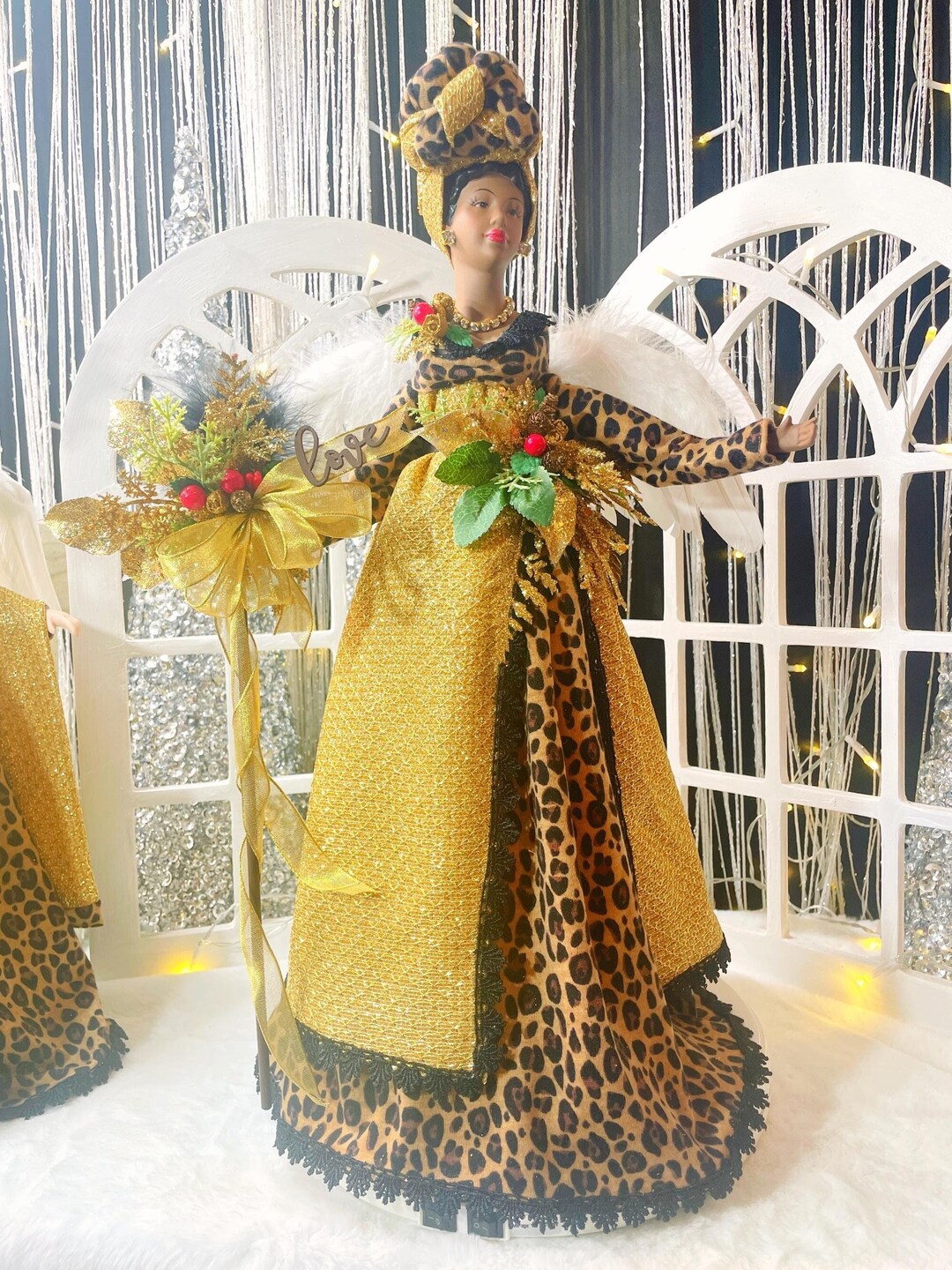 African American Leopard Print Christmas Angel Tree Topper Home Decor ...