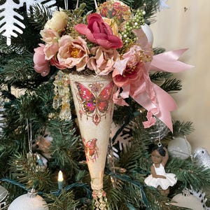 Victorian Tussie Mussie Pink Butterfly Christmas Ornament Flower Cone ...