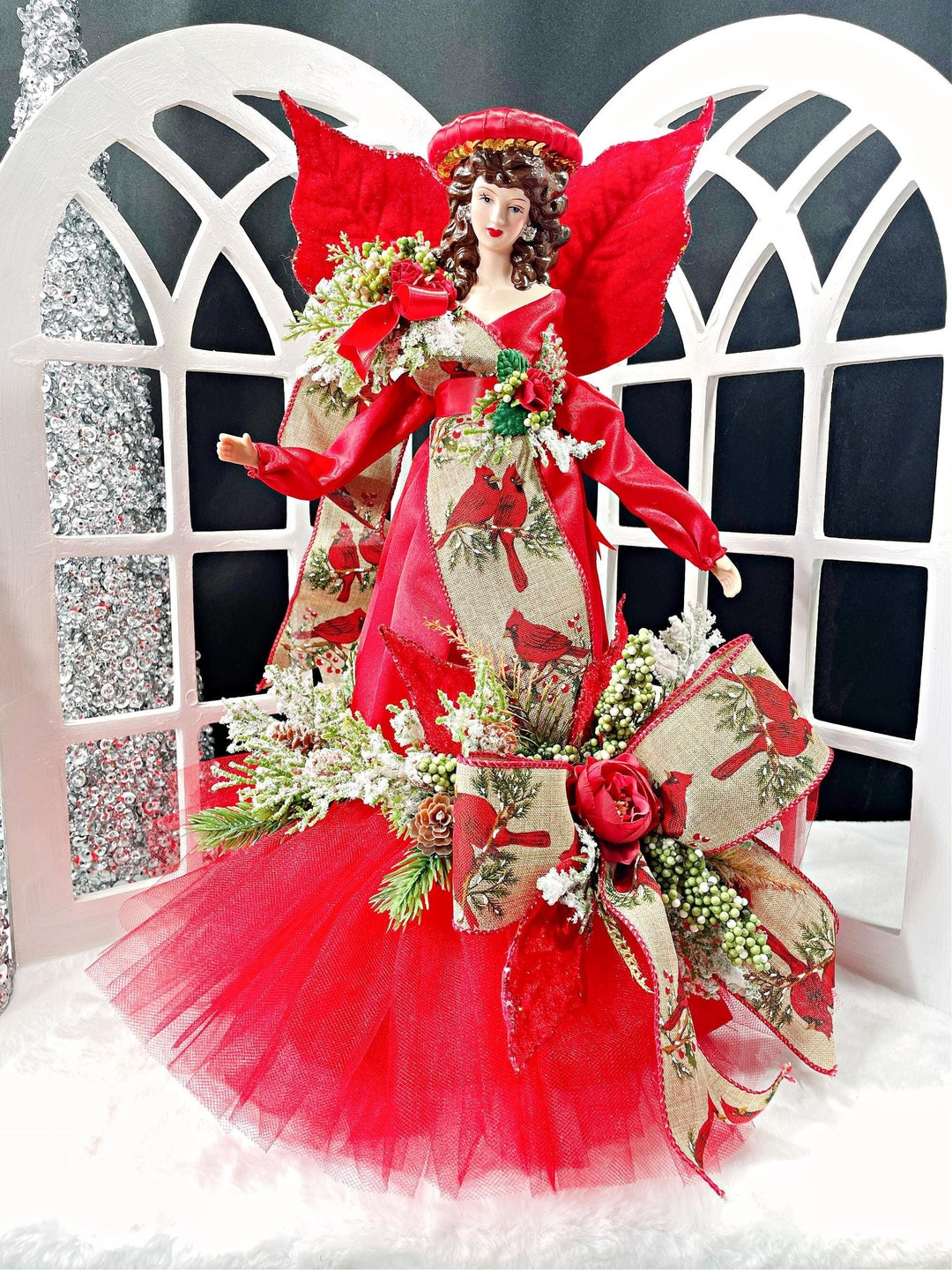 Christmas Angel Tree Topper Mantle Sized in Red Satin Cardinal Themed ...