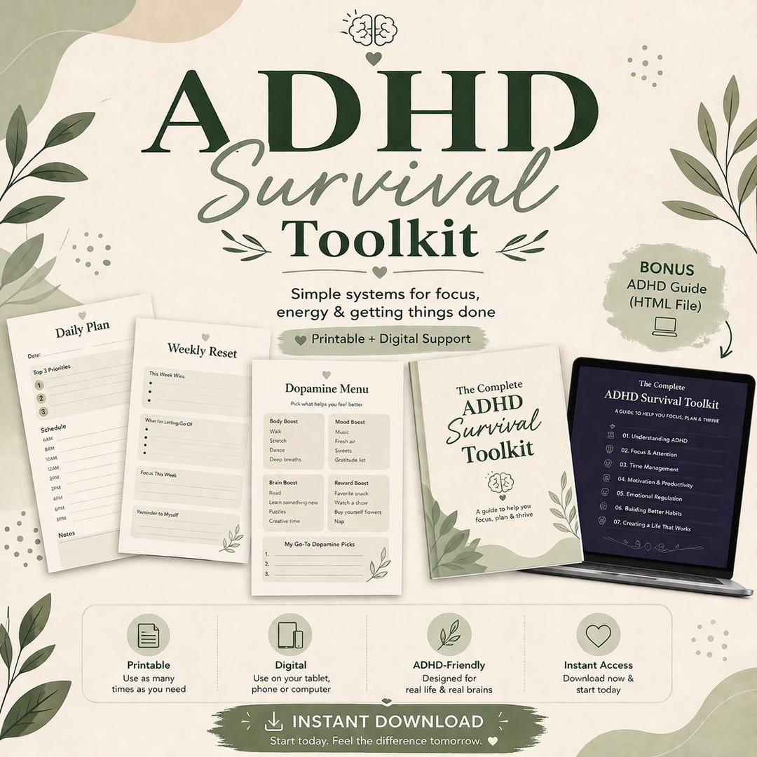 ADHD Survival Toolkit Printable, ADHD Planner PDF, Focus & Productivity ...