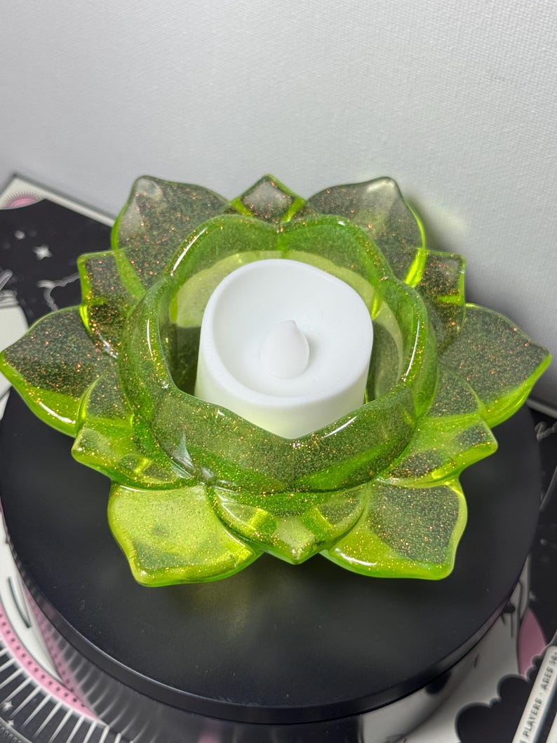 Handmade Glitter Resin Lotus Tea Light Holder – Yellow Green Home Decor ...