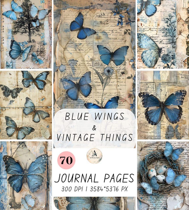 Blue Butterfly Vintage Journal Pages, Nature Ephemera Kit (digital ...