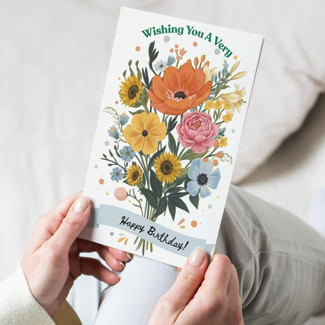 Floral Birthday Card, Elegant Flower Design, Printable 5x7 (digital ...