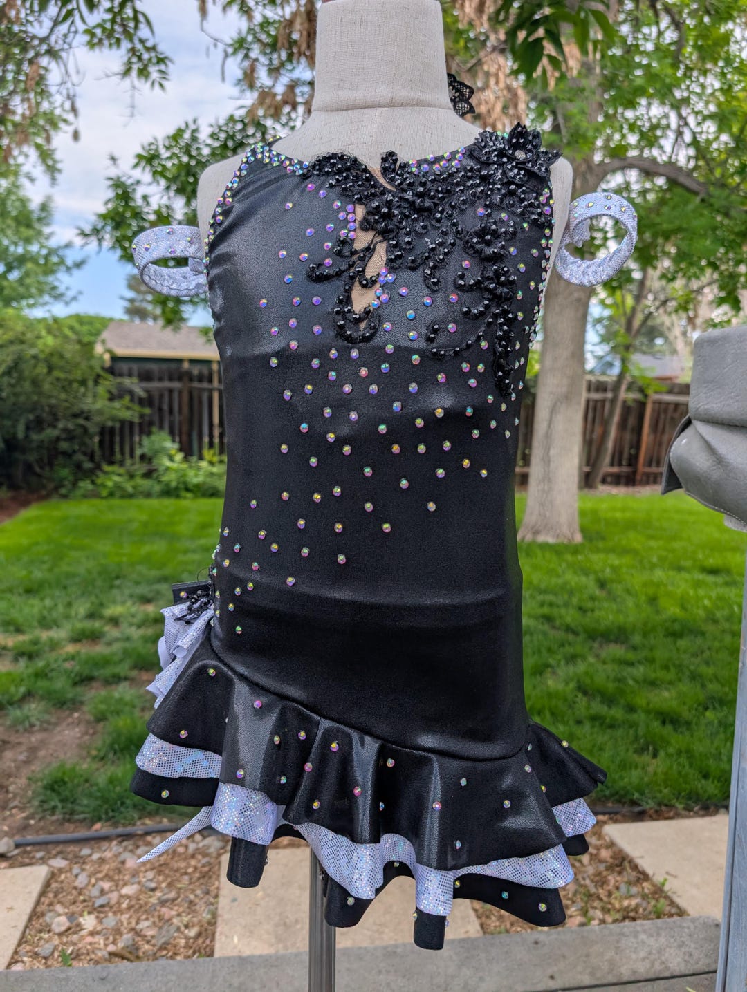 Girls Black Salsa Dance Costume, Rhinestone Appliques, Headpiece, Arm ...