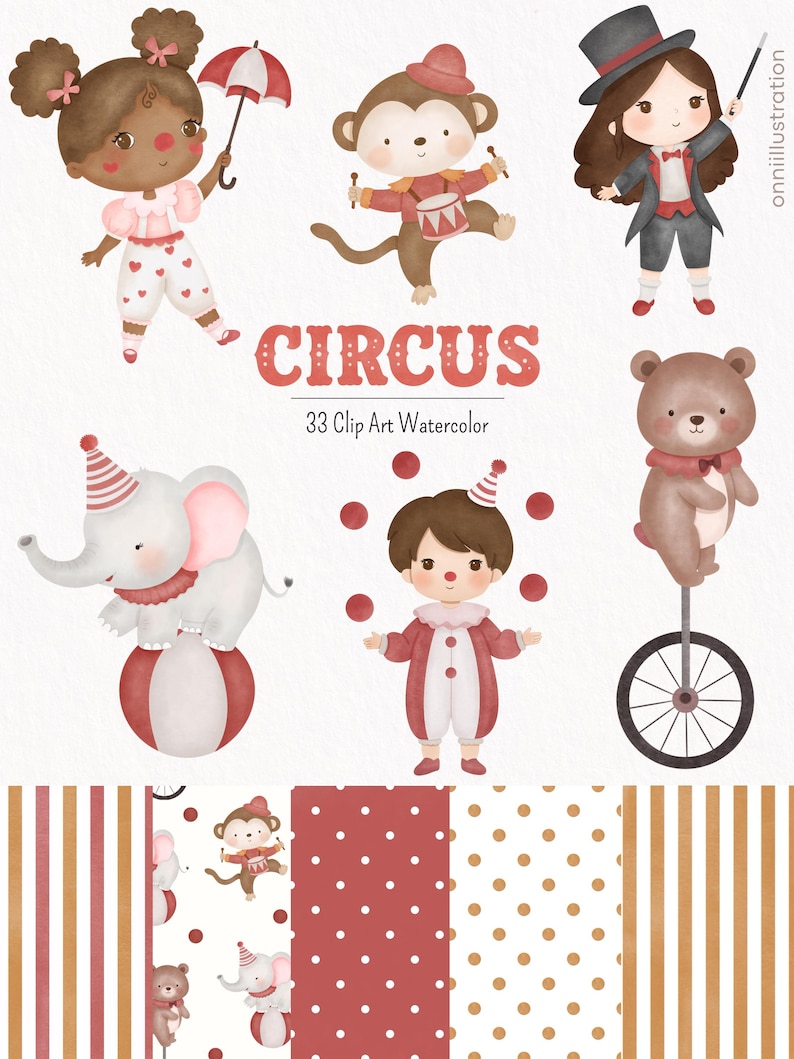 Watercolor Circus Clipart PNG Set, Carnival Birthday Party Invitation ...