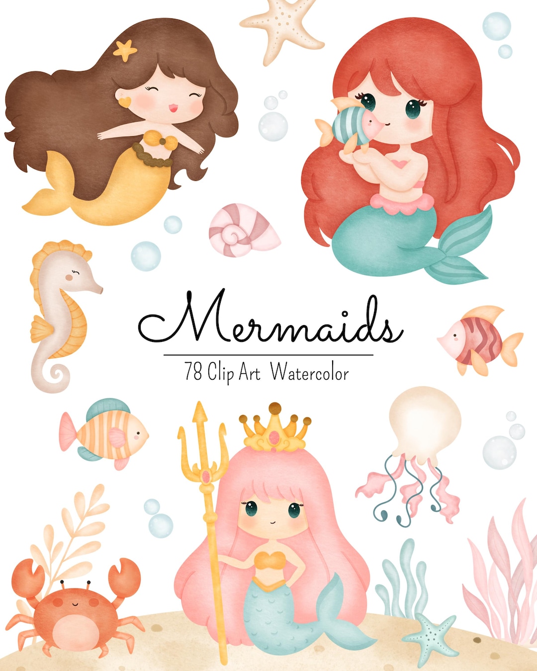 Watercolor Mermaid Clipart Set, Little Mermaid PNG, Under the Sea ...