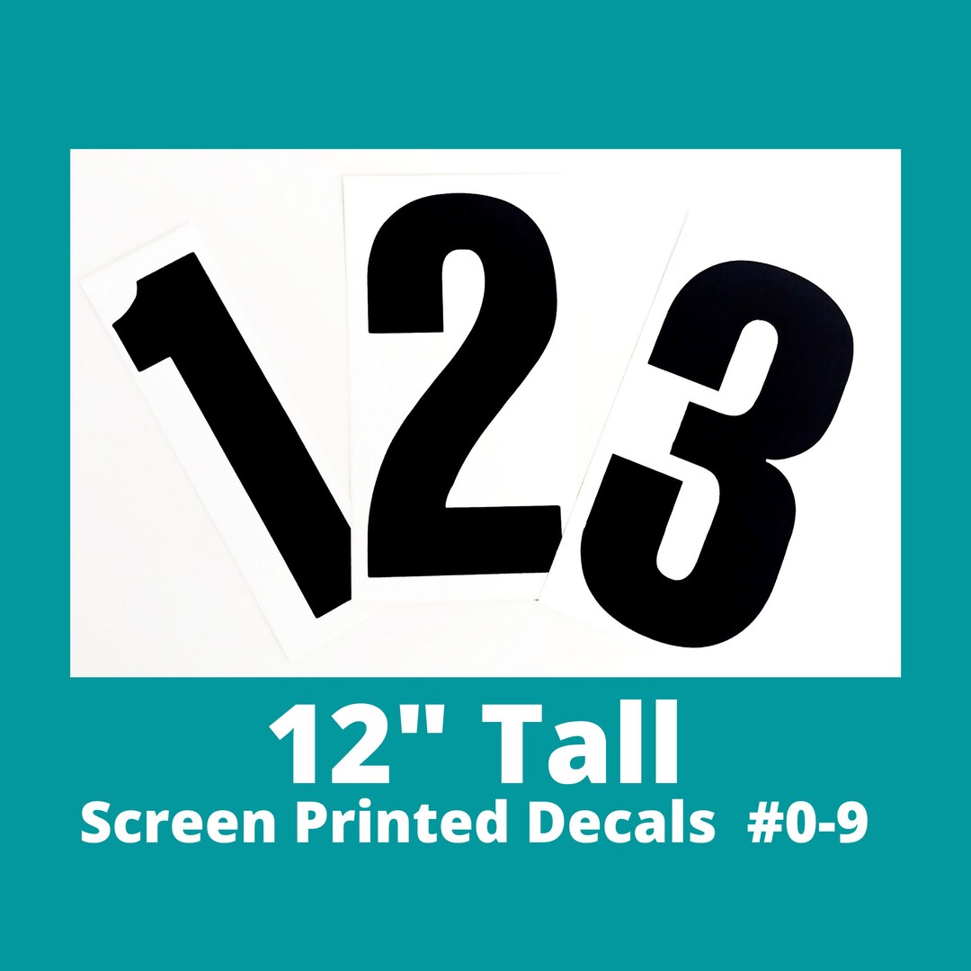 12 Screen Printed Vinyl Number Decals, Black Ink on White Vinyl ...