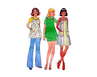 70s Simplicity 9833 Sailor Mini Dress or Skirt and Blouse Bell Bottoms ...
