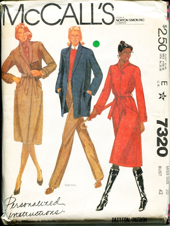 Vintage McCall's Sewing Pattern 7320 Misses Coat or Jacket and Belt ...