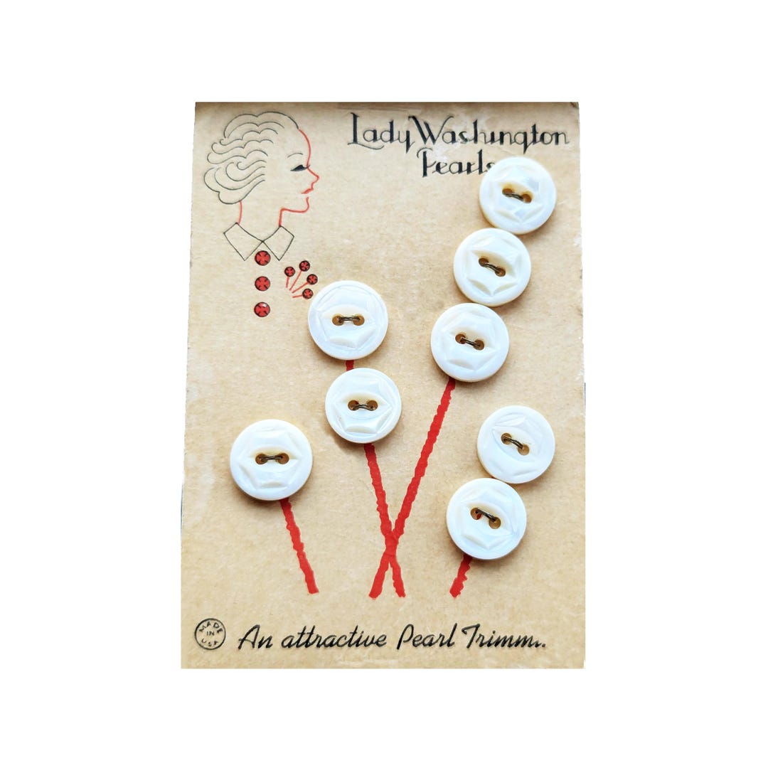 1930s Lady Washington Pearl Buttons Eight on Card 12MM White Shell ...
