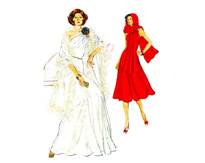 70s Vogue 9347 One-shoulder Dress in Evening or Cocktail Length W/stole ...