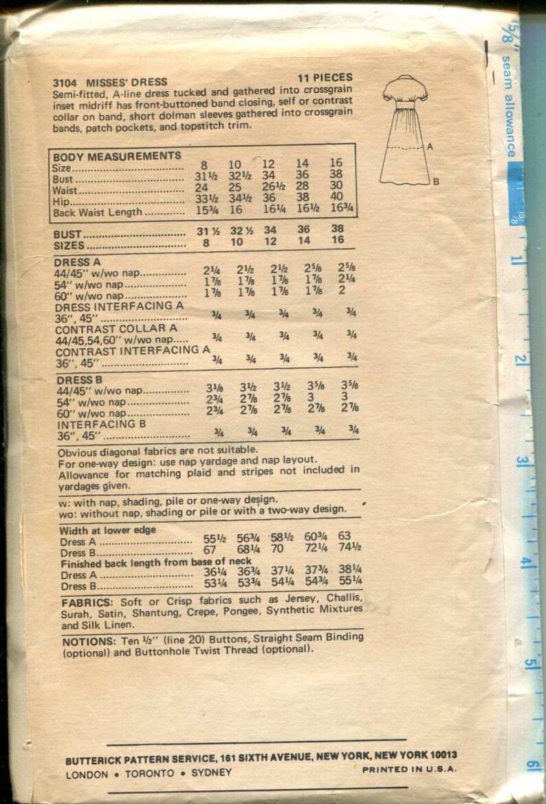 Patrón de costura para vestido Daniel Hechter de los años 70, mini o maxi Butterick 3104, talla ...