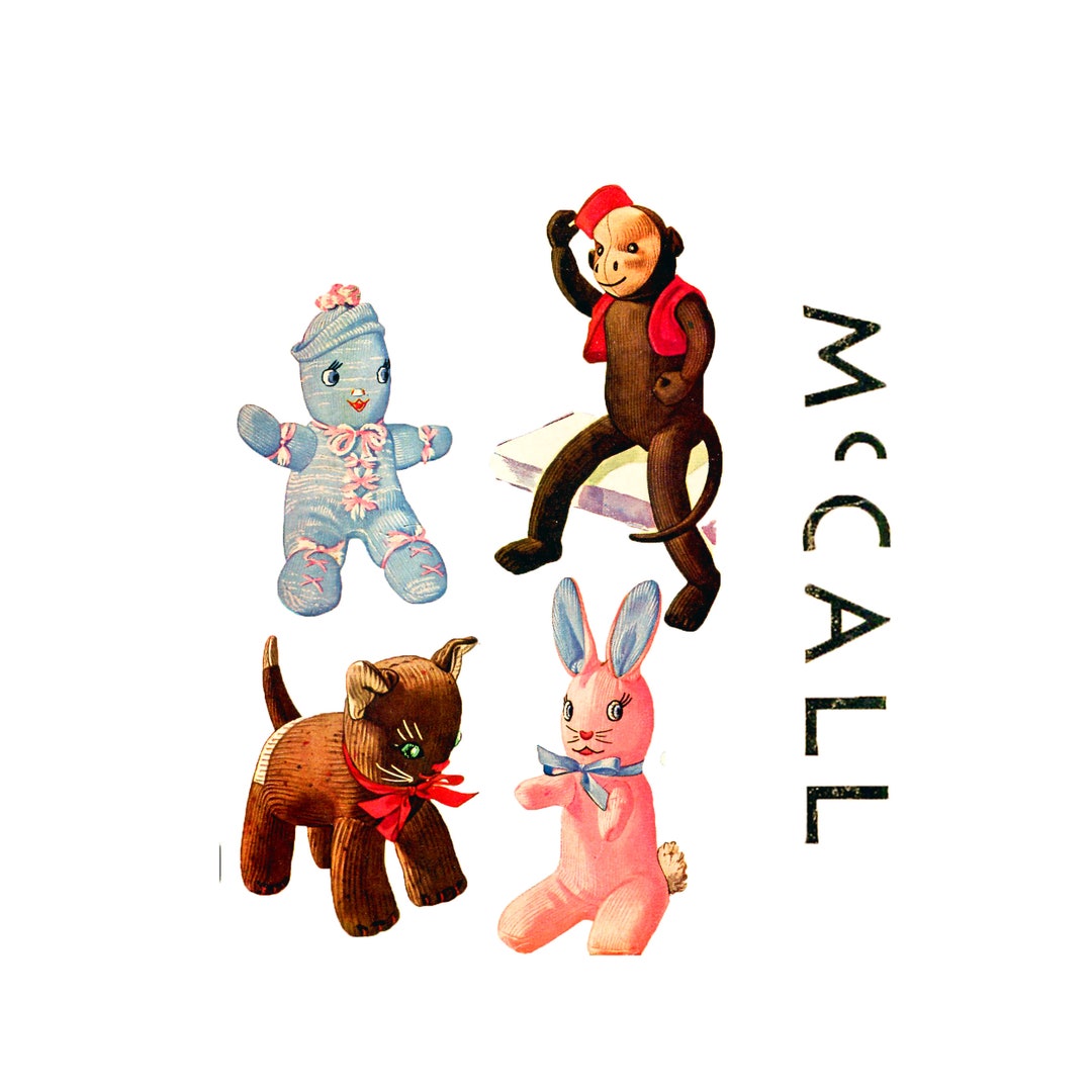 1940s Mccall 1443 Sock Stuffed Animals Cat Bunny Monkey and Baby Doll 8 ...