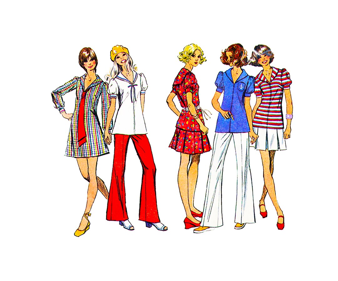 70s Simplicity 9833 Sailor Mini Dress or Skirt and Blouse Bell Bottoms ...