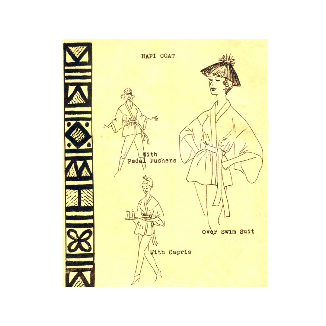50s Polynesian 116 Hapi Coat Short Kimono Vintage Sewing Pattern Bust ...