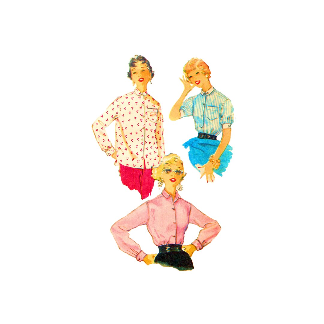 50s Simplicity 4854 Button-up Blouses Vintage Sewing Pattern Size 14 ...