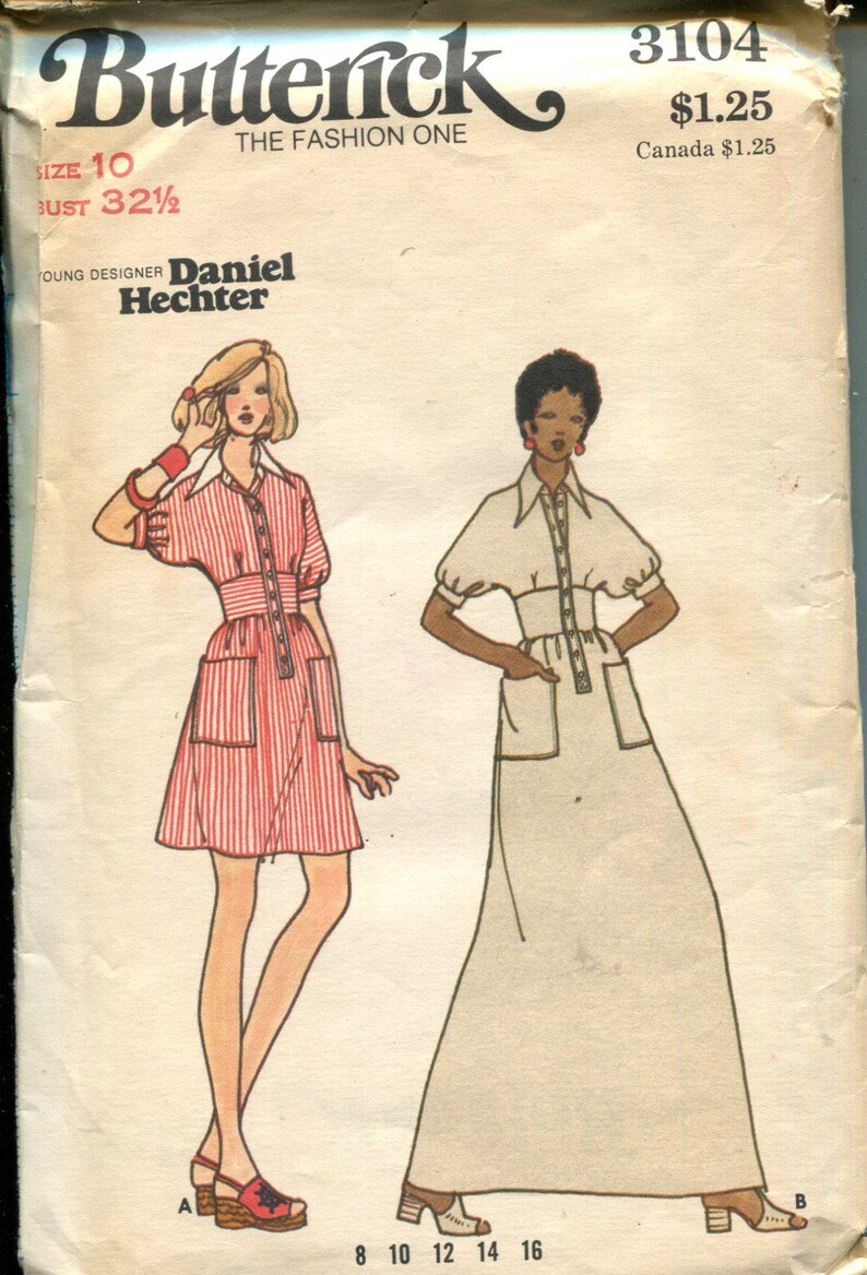 Patrón de costura para vestido Daniel Hechter de los años 70, mini o maxi Butterick 3104, talla ...