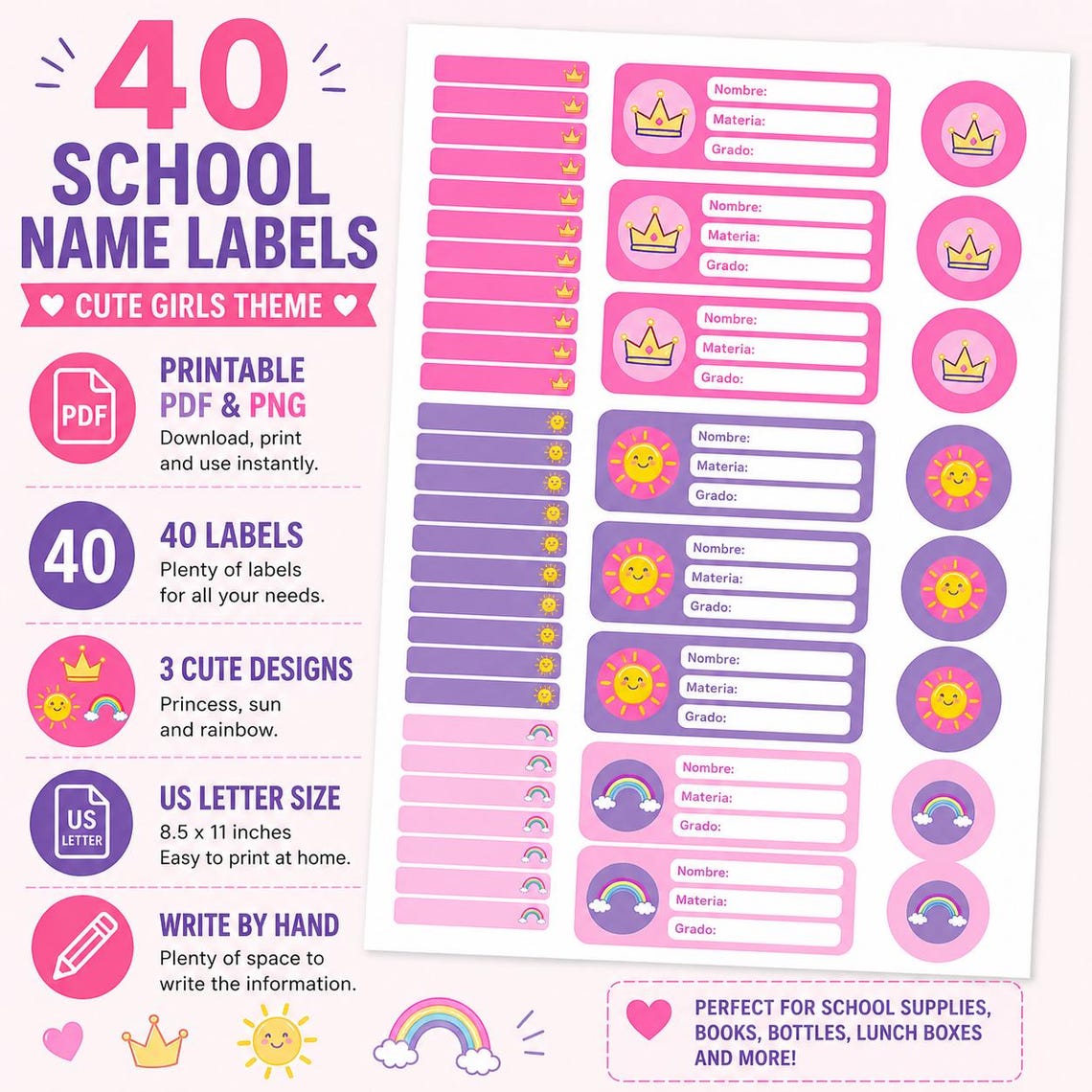 Girls School Name Labels Printable, Cute Princess Stickers for Kids ...