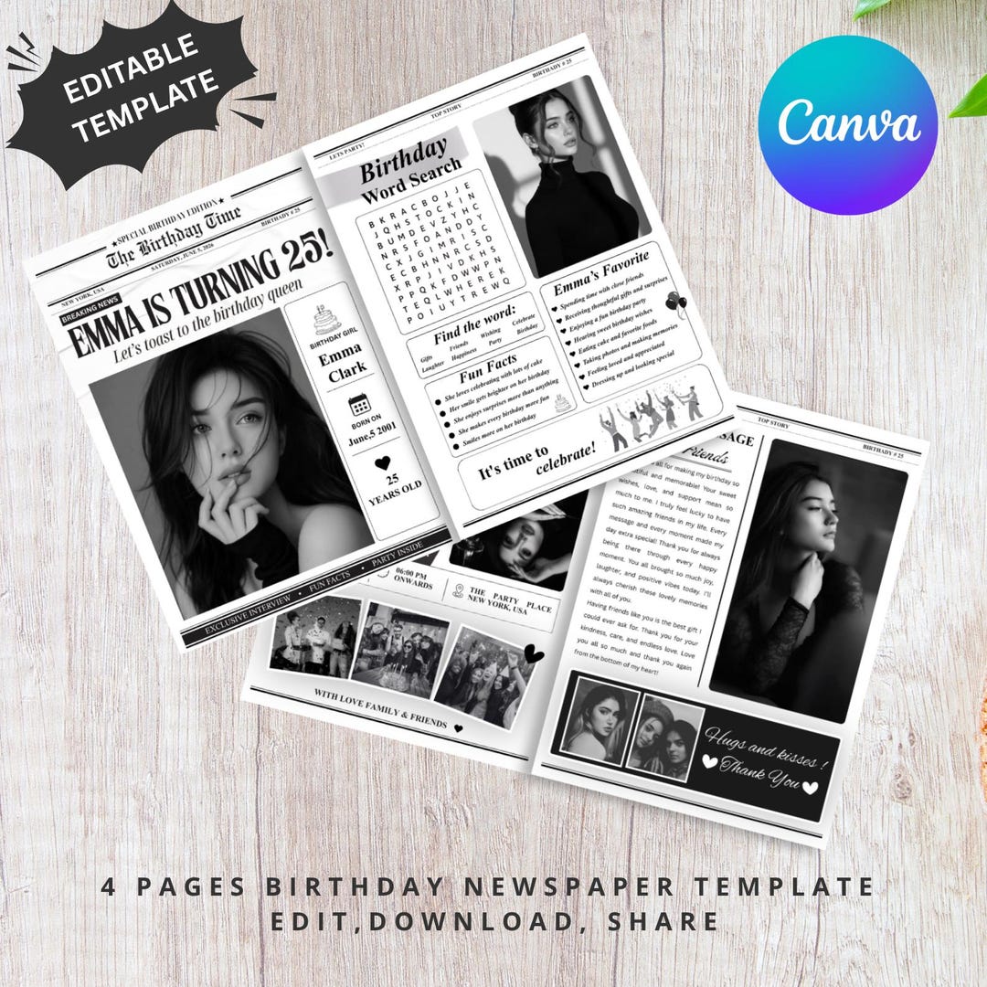 25th Birthday Newspaper Template Canva | Editable Birthday Newspaper ...