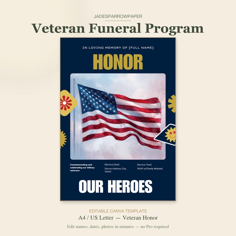Veteran Funeral Program Template | Military Memorial Service | Editable ...