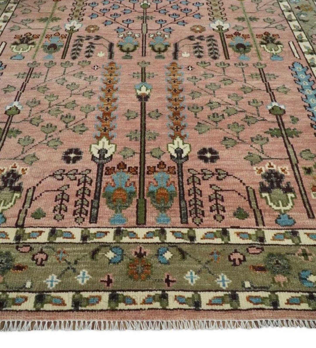 Pink Green Tree of Life Oushak Rug Hand Knotted Wool Area Rug Floral ...