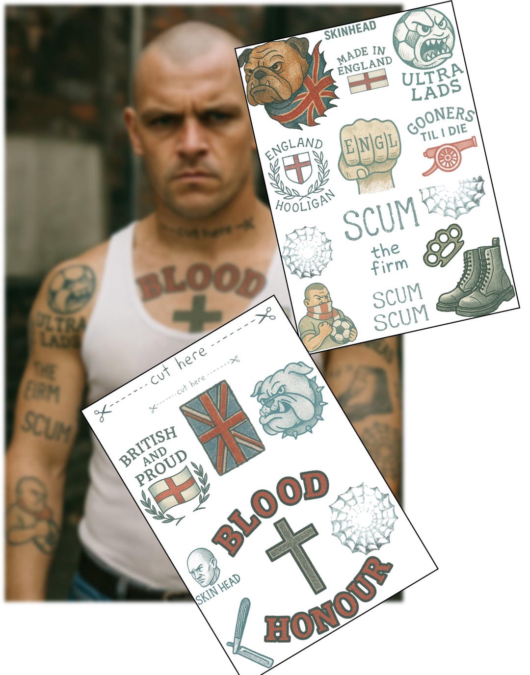 British Hooligan & Skinhead Fake Tattoos - Realistic No-shine Transfers ...