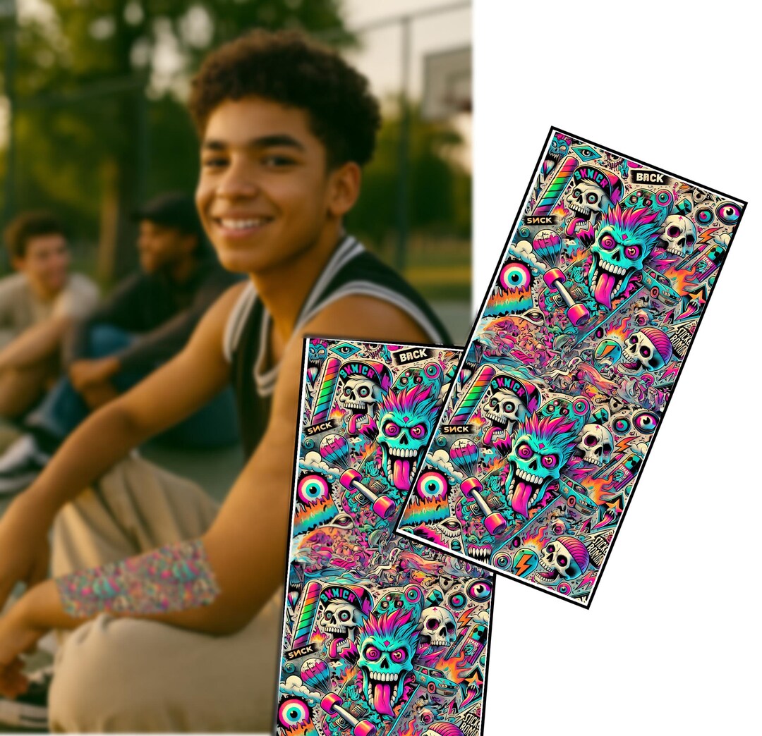 Neon Skull Temporary Tattoo Sleeve: Skate Punk Street Art - 2 Piece - Etsy