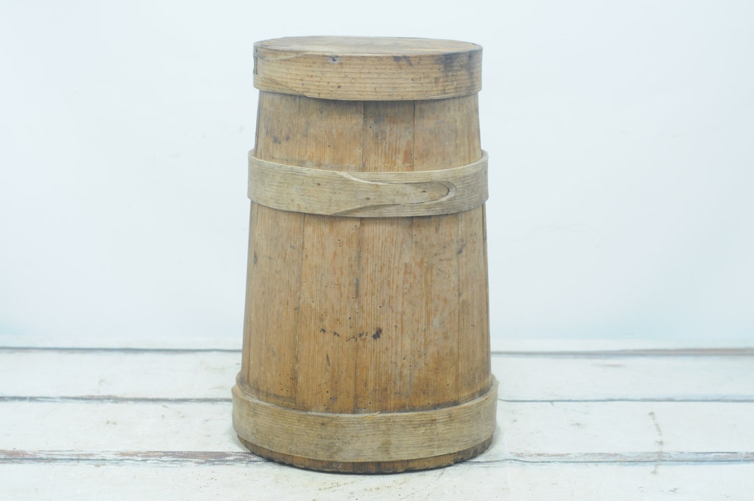 Primitive Antique Unusual Tall European Wood Firkin Woven Wood Bands ...