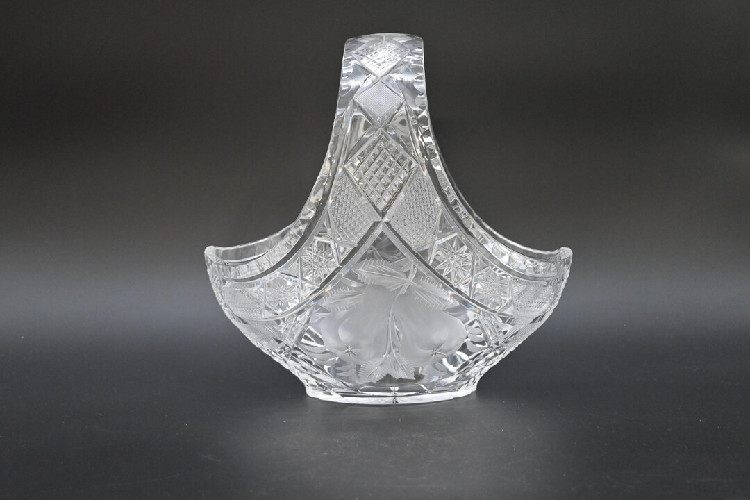 Vintage Lead Crystal Imperlux Glass Basket With Handle Etched Pears ...