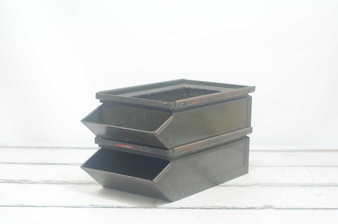 2 Vintage . Stackbin Metal Box Industrial Stacking Bins Parts Bin ...