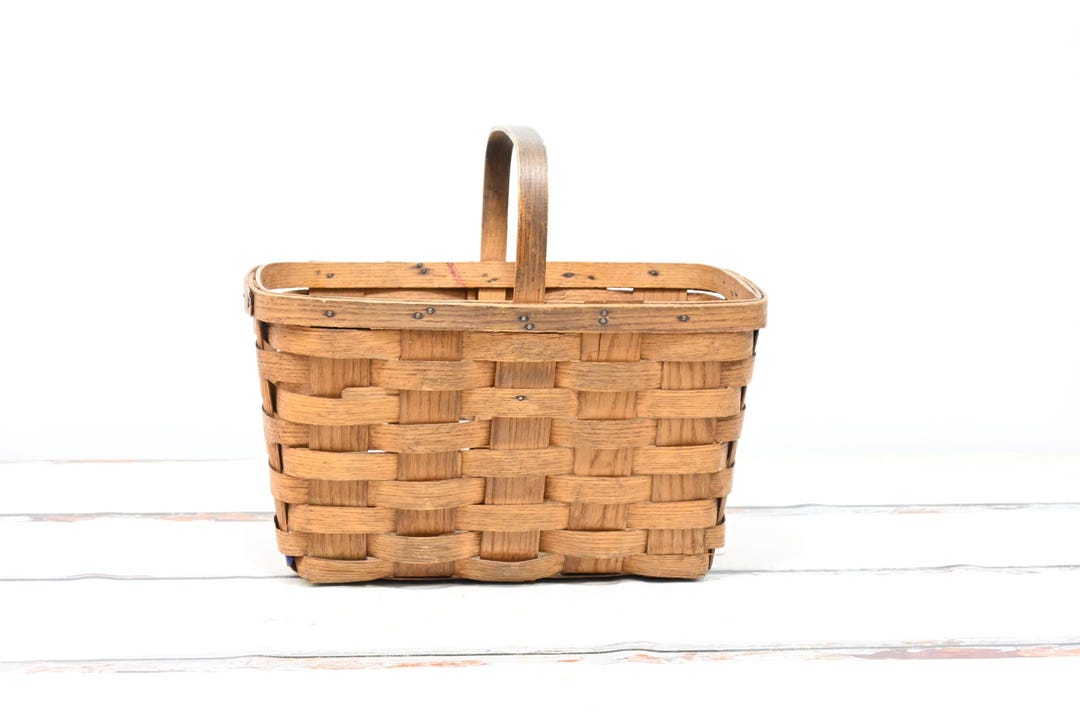 Vintage . Wood Woven Picnic Basket Gathering Basket Market Basket Fixed ...