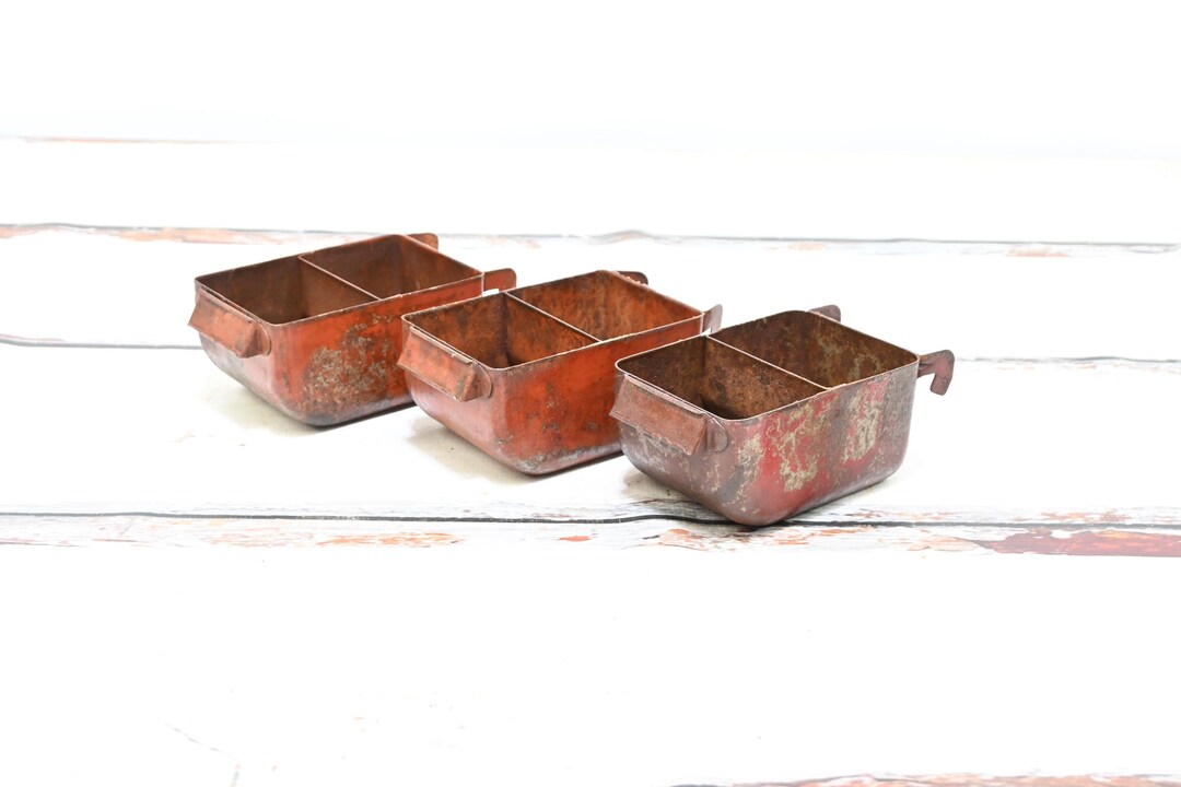 3 Vintage Red Metal Bins Hanging Metal Parts Bins From a Larger System ...