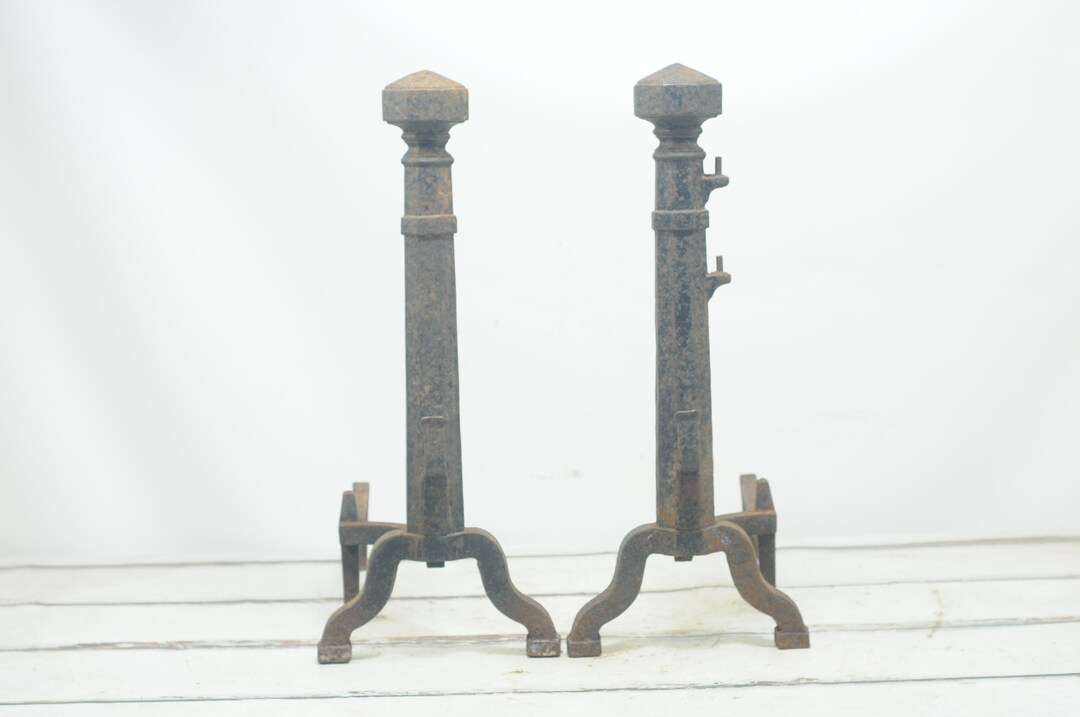 Antique Cast Iron Fire Dogs Mission Arts & Crafts Hammered Andirons 25 ...