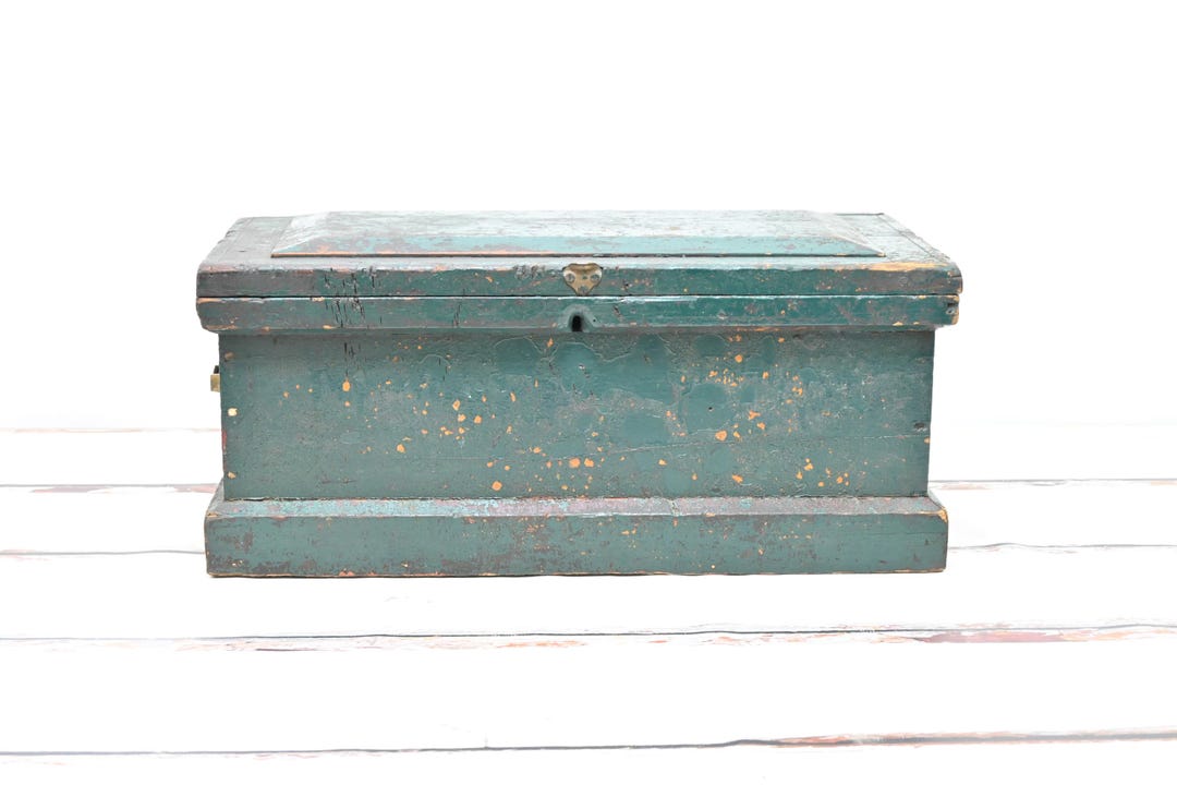 Antique . Carpenters Green Tool Box Chest Brass Handles Hand Made ...
