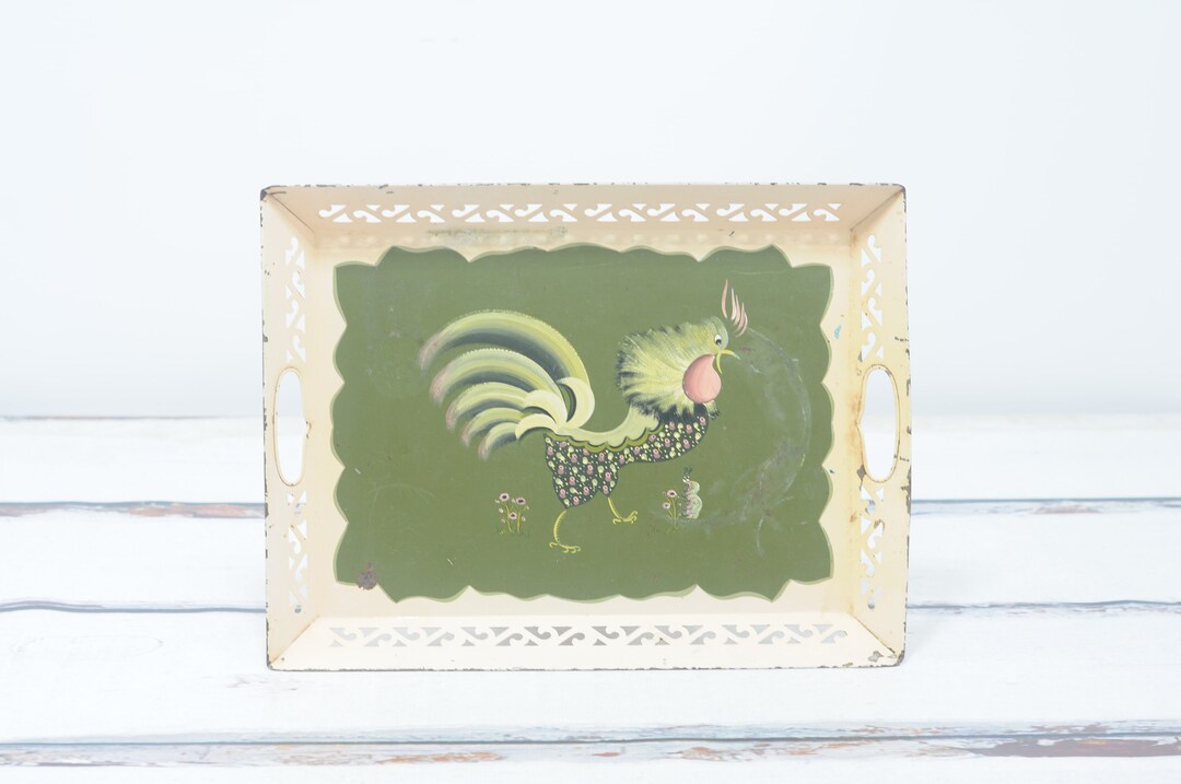 Vintage Metal Serving Tray With Hand Painted Tole Painted Rooster ...