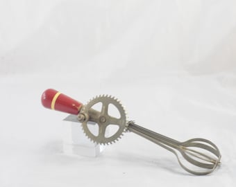 Vintage EKCO Hand Mixer, Egg Beater, Red Wood Handle, Rotary Beater ...