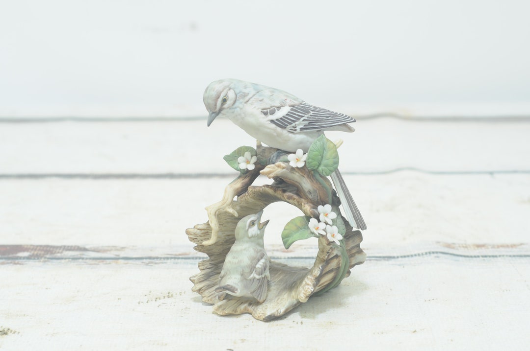 Vintage 1979 Porcelain Mockingbird and Baby on a Log Collectible Mom ...