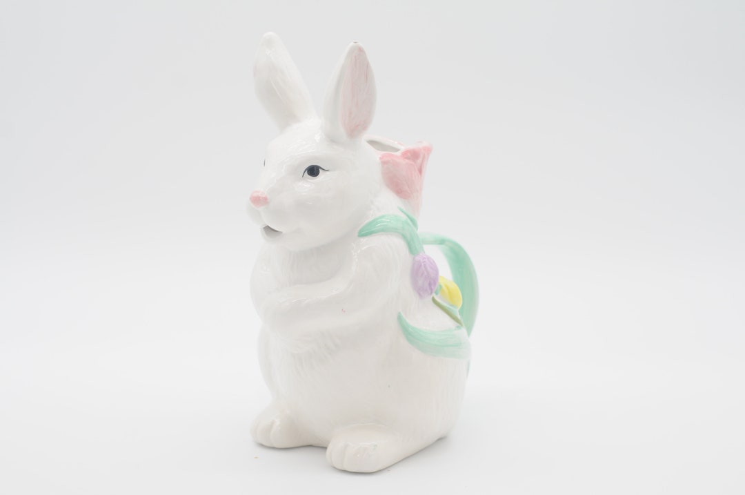Vintage . LARGE Rabbit Bunny Figural Pitcher White Pastel Flowers ...